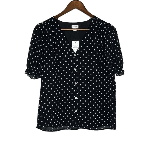 J. Crew Factory | Tops | Jcrew Factory Nwt Black White Polka Dot Vneck Puff Sleeve Blouse Size ...